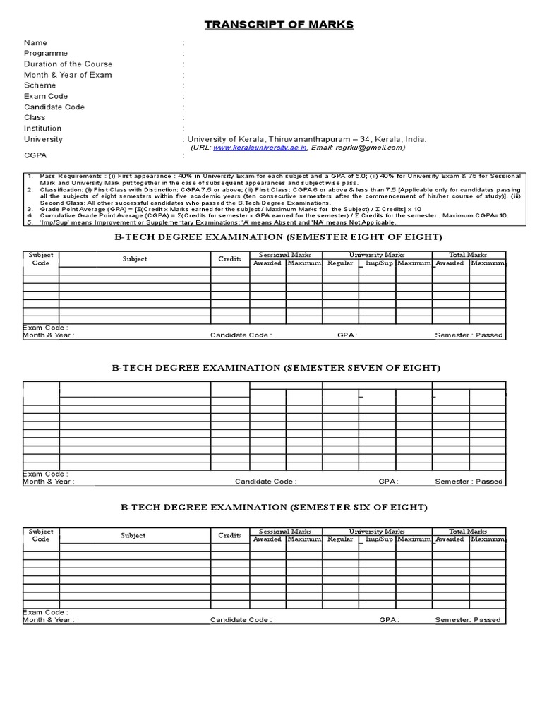 Transcript of Marks for [Candidate Name] Detailing Eight Semester B-Tech Degree in Electrical ...