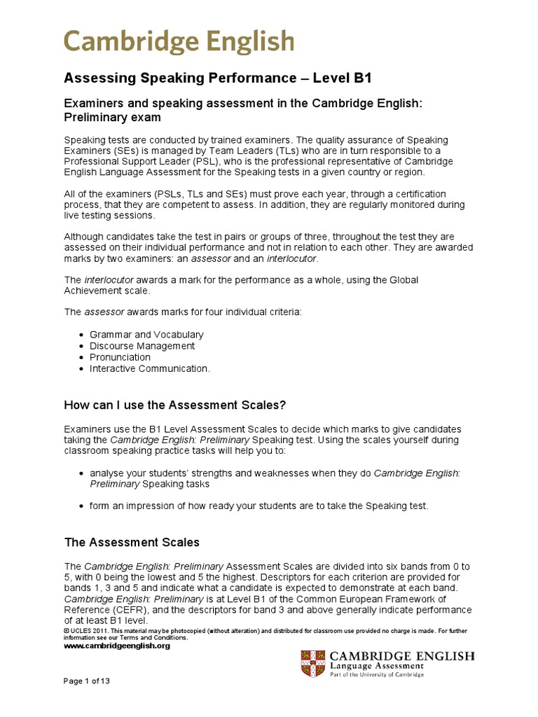 Assessing Speaking Performance at Level b1.PDF | Educational Assessment ...
