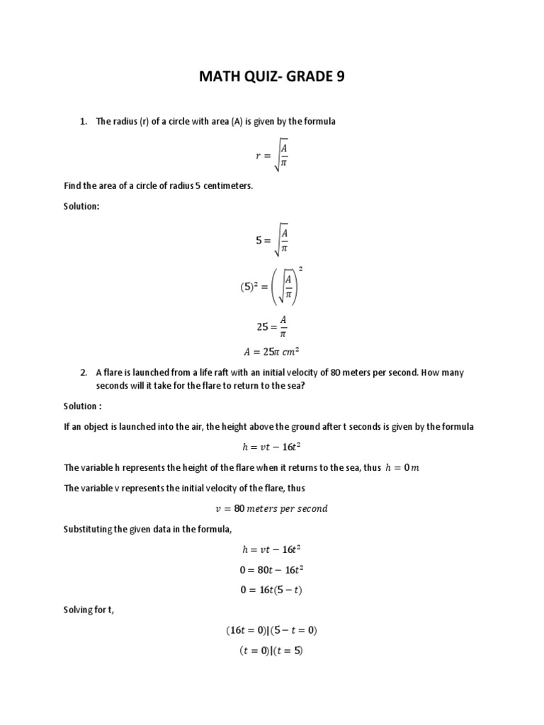 Math Quiz-Grade 9 | PDF | Area | Physics
