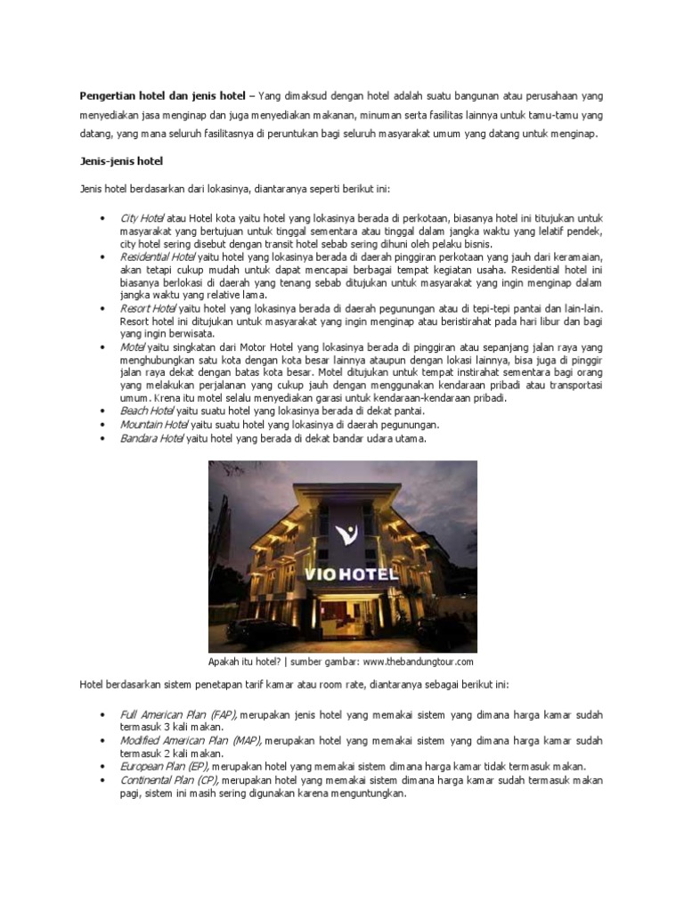 Pengertian Hotel Dan Jenis Hotel | PDF