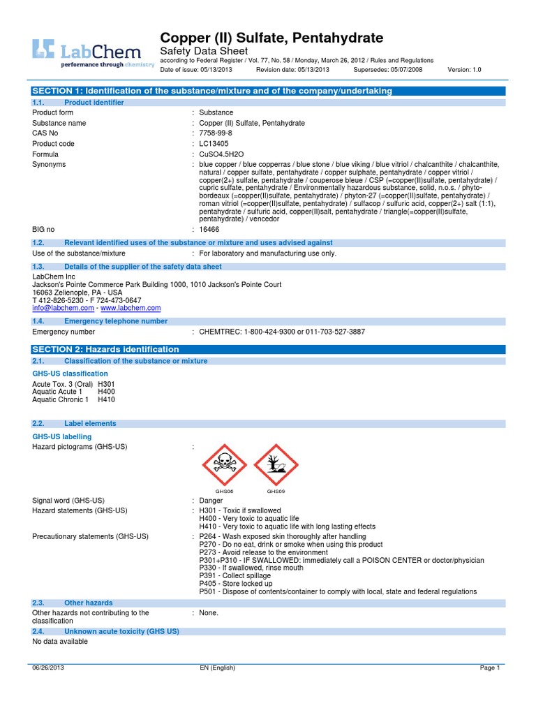 CuSO4.5H2O | Toxicity | Dangerous Goods