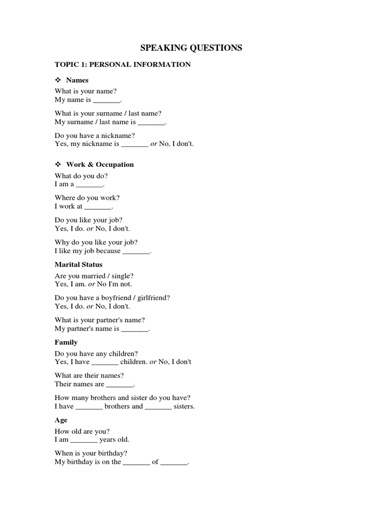 Speaking Questions: Topic 1: Personal Information | PDF