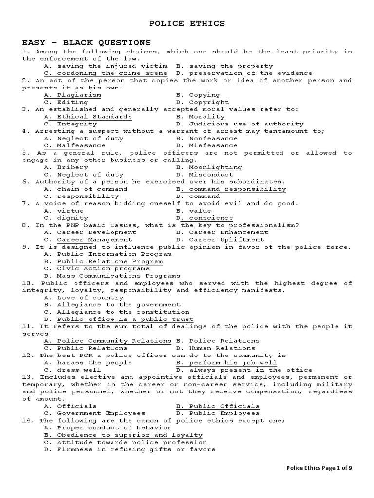 Police Ethics Easy - Black Questions | PDF | Integrity | Loyalty