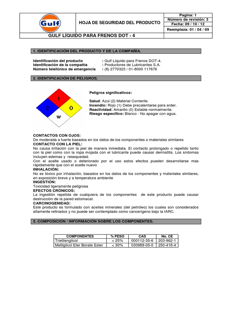 MSDS Hoja de Seguridad Gulf Liquido Para Frenos Dot 4 Informacion Cofre ...