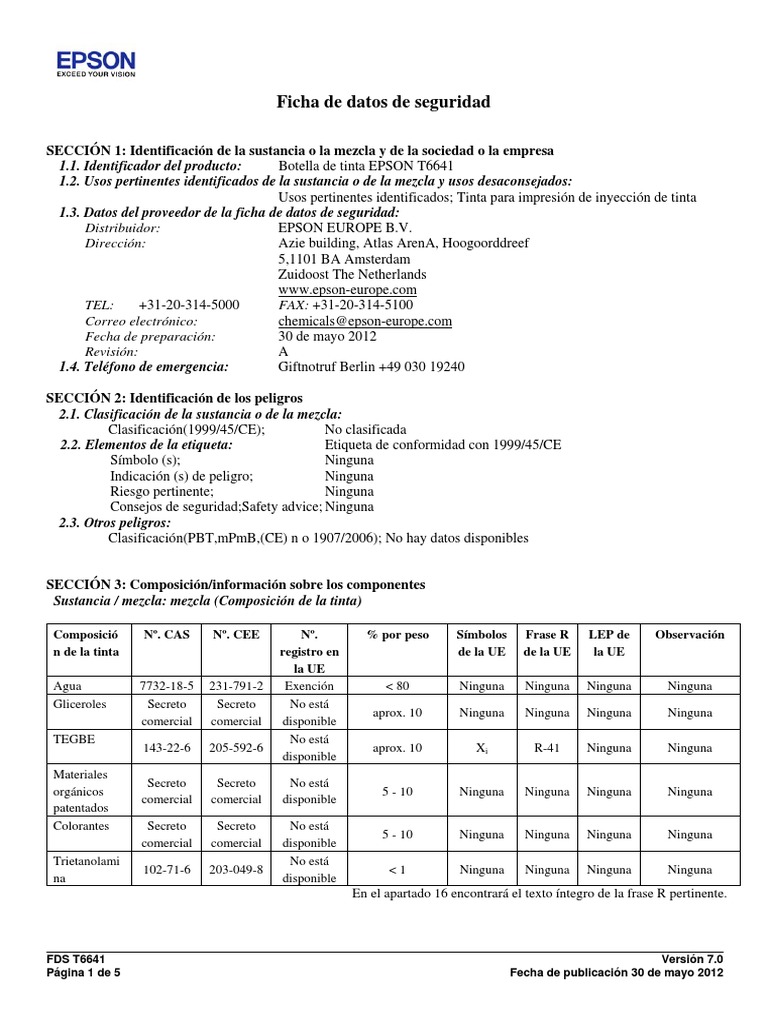 MSDS Tinta Epson T6641 - ES | PDF | Primeros auxilios | Agua