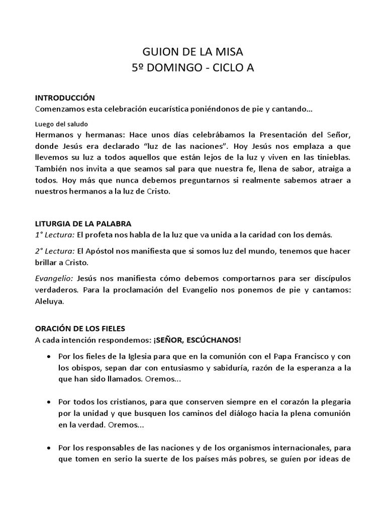 Guion De La Misa 5º Domingo - Ciclo A: Introducción | eucaristía | Misa ...