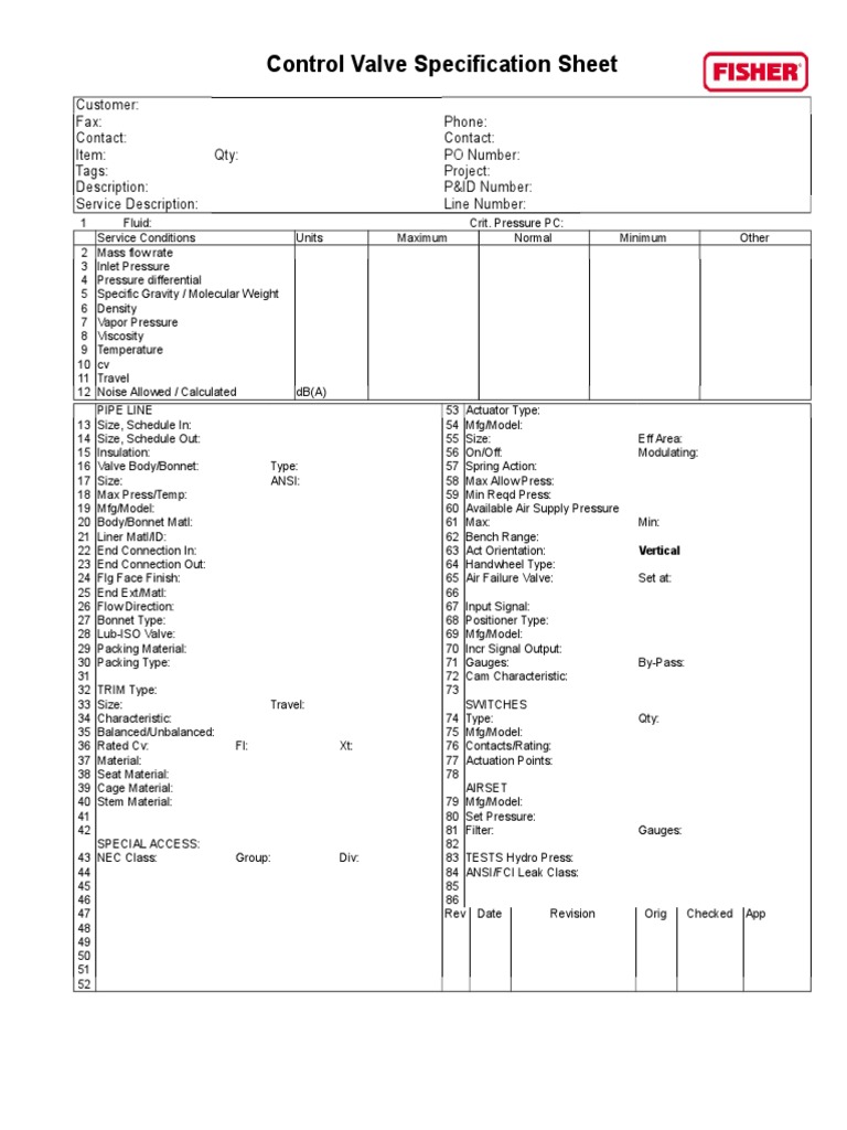 Control Valve Specification Sheet | PDF