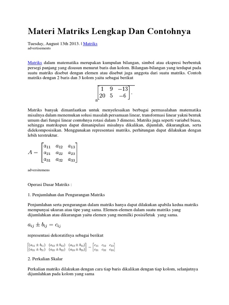 Materi Matriks Lengkap Dan Contohnya | PDF | Metode & Bahan Ajar | Sains & Matematika