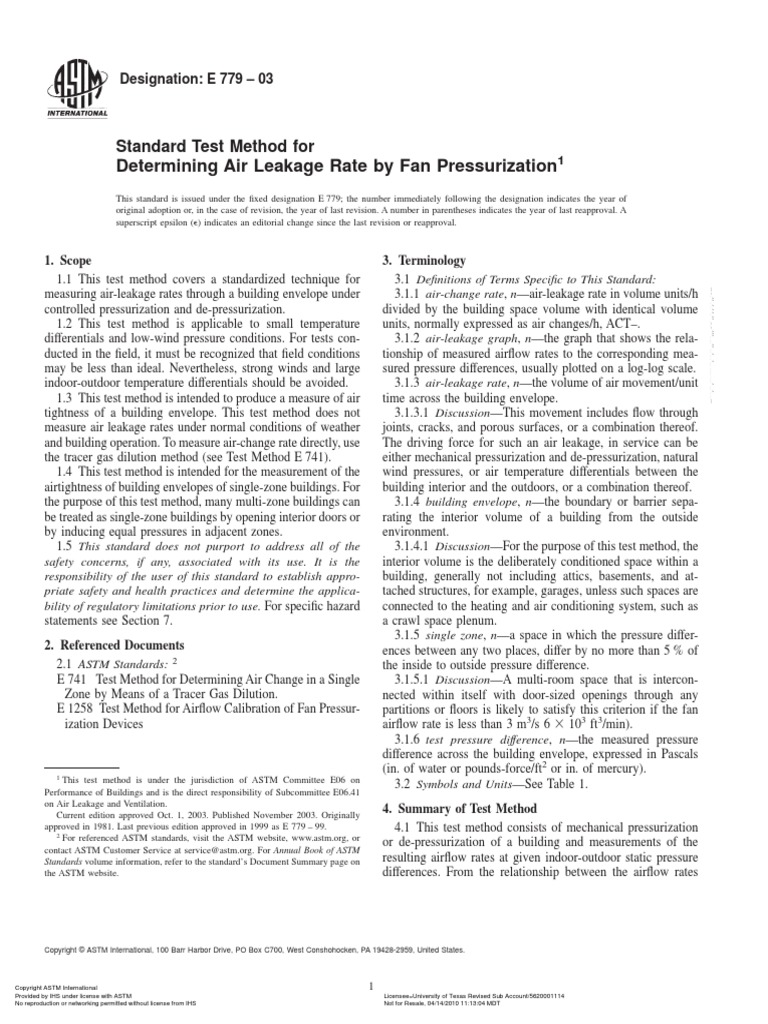 Astm E779 - Air Leakage by Fan Pressurization | PDF | Pressure | Hvac