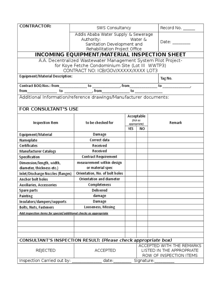 Incoming Inspection Form Rev | PDF | Water Supply And Sanitation | Screw