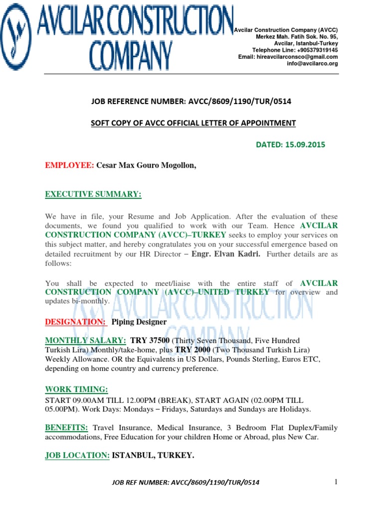 Avcilar Construction Company Appointment Letter | Employment | Expense