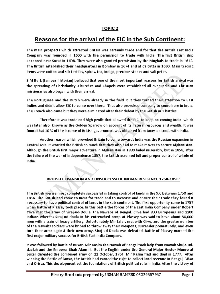 HIST TOPIC 2 Reasons For The Arrival of The EIC in The Sub Continent ...