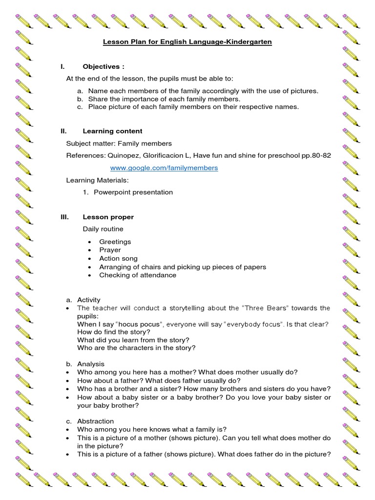 Lesson Plan For English Language-Kindergarten | PDF | Lesson Plan ...