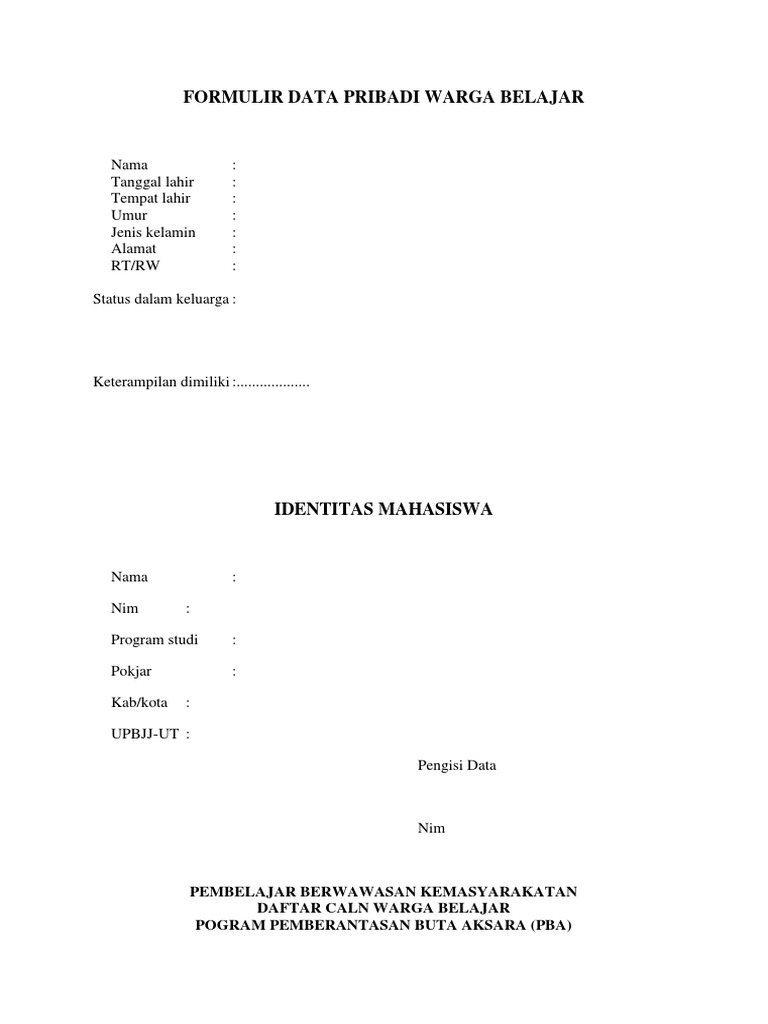 Formulir Data Pribadi Warga Belajar | PDF