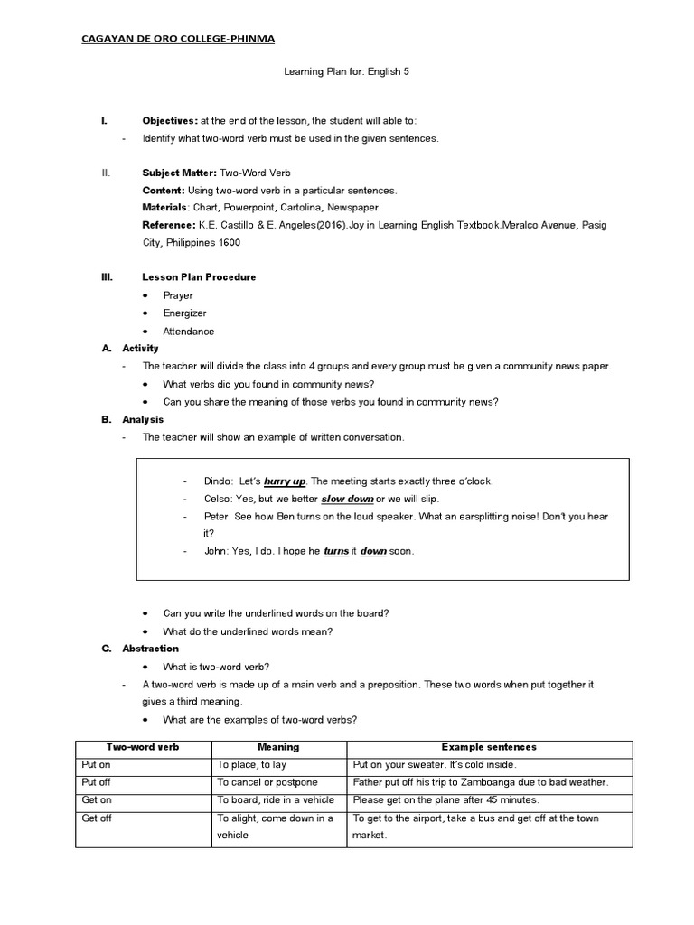Two-Word Verbs Lesson Plan for Grade 5 | PDF | Verb | Linguistics