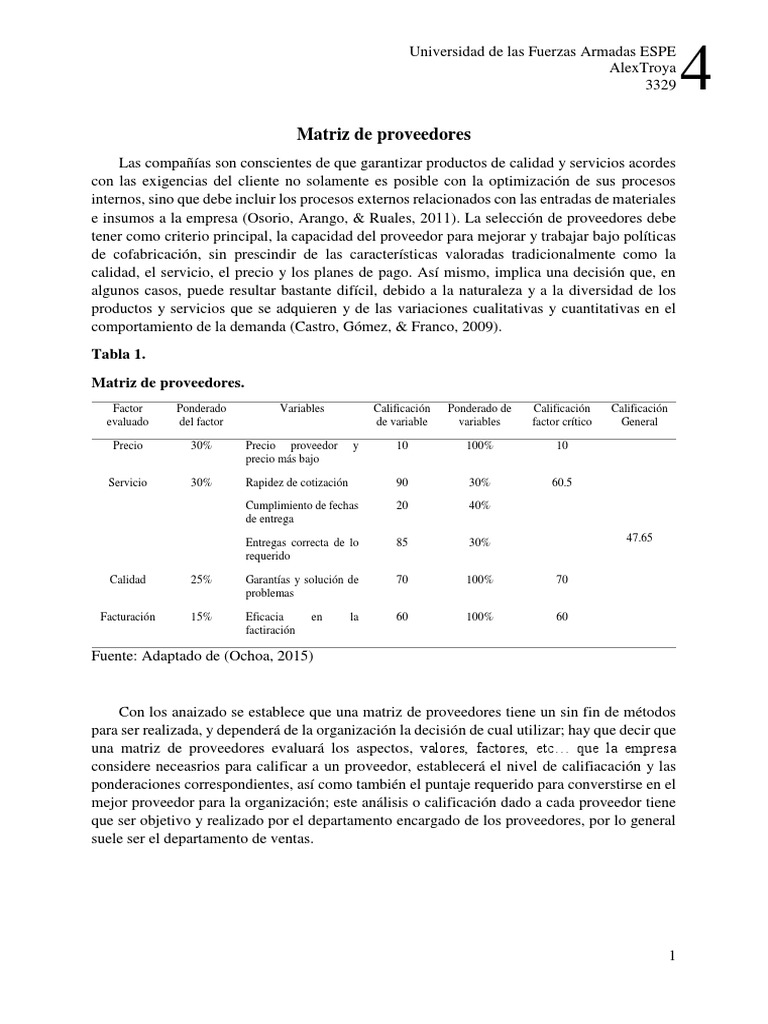 Matriz de Selección de Proveedores | PDF | Calidad (comercial) | Precios