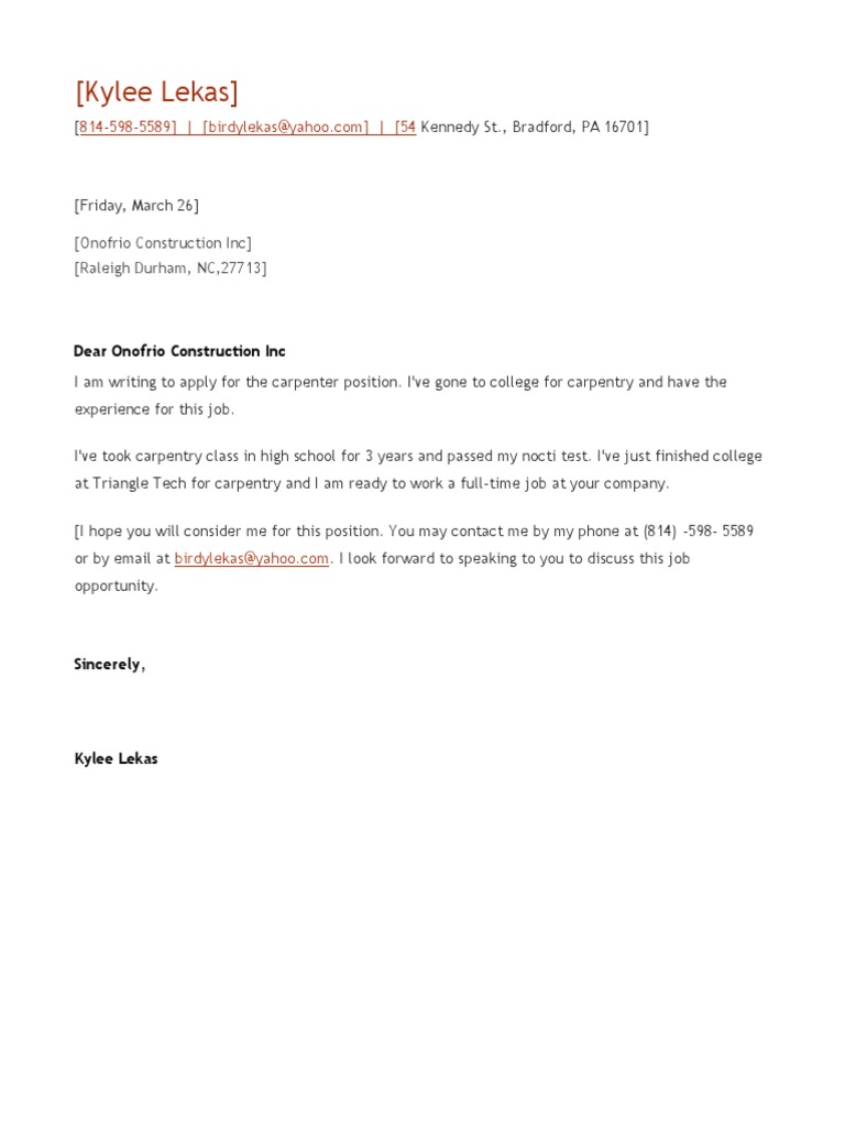 Carpenter Job Application Letter | PDF