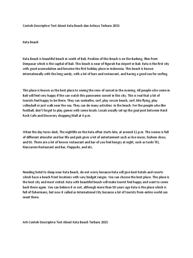 Contoh Descriptive Text About Kuta Beach Dan Artinya Terbaru 2015 | PDF
