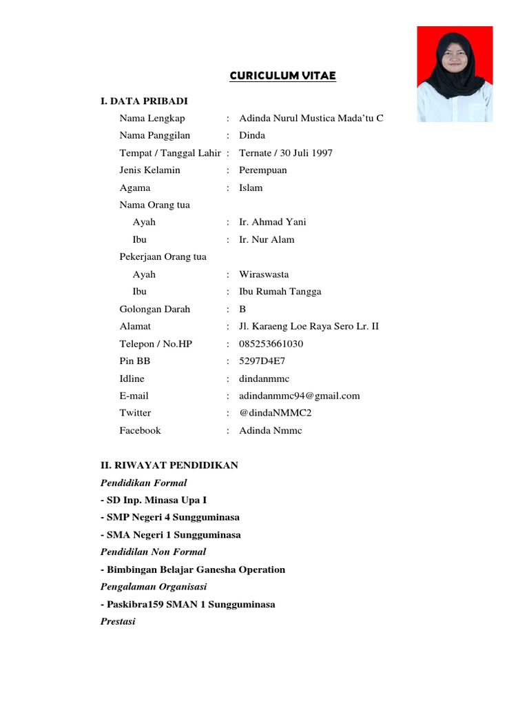 Adinda Nurul Mustica Mada'Tu Chaerana - Curriculum Vitae | PDF