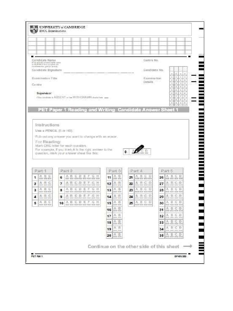 PET Answer Sheet | PDF