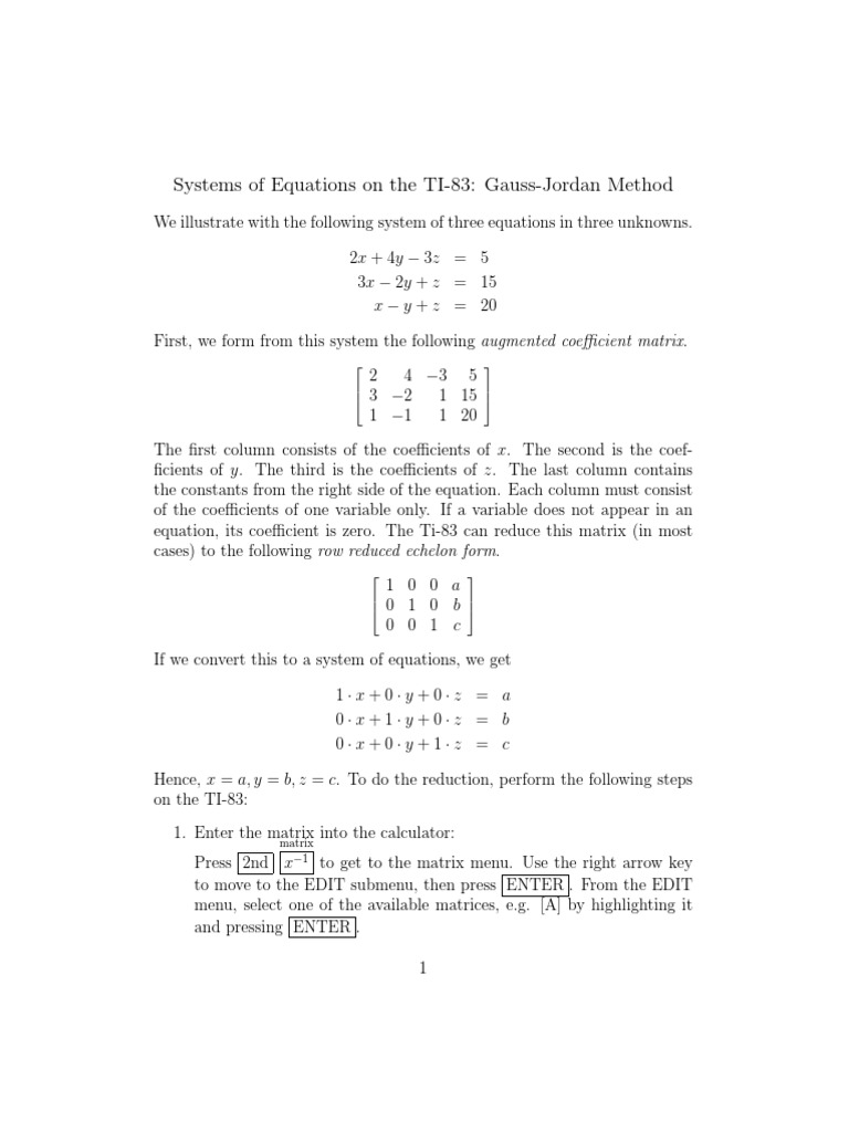 TI-83 Gauss-Jordan Method Guide | PDF | Mathematical Analysis | Algebra