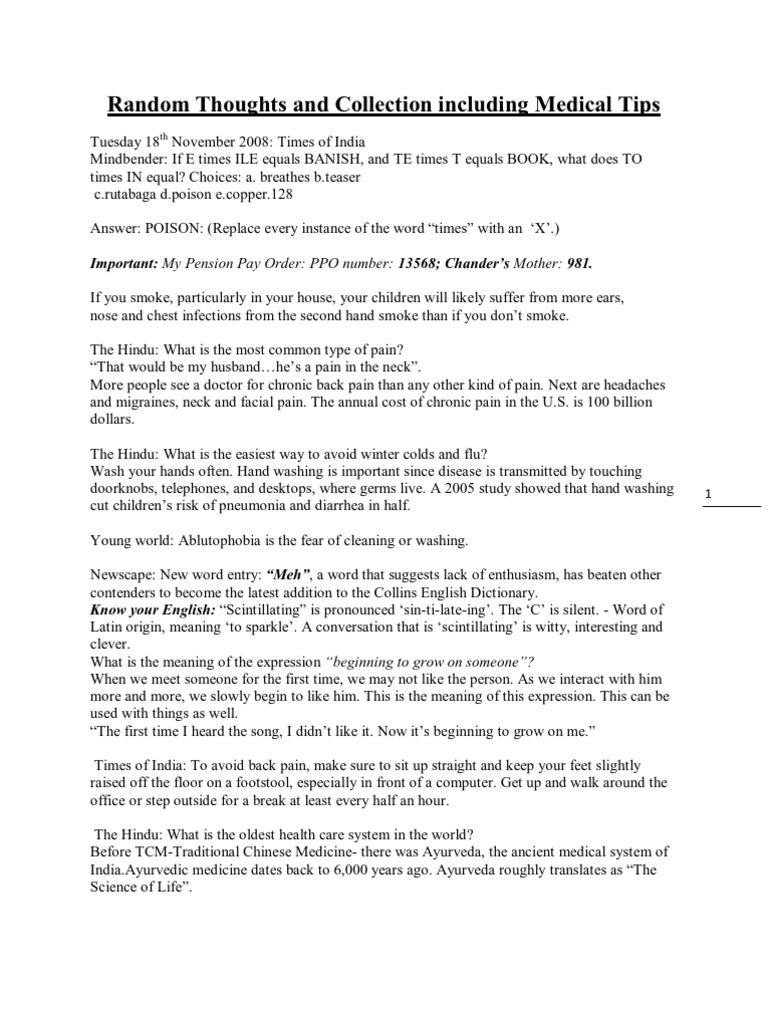 Random Thoughts and Collection Including Medical Tips | PDF | Wellness ...