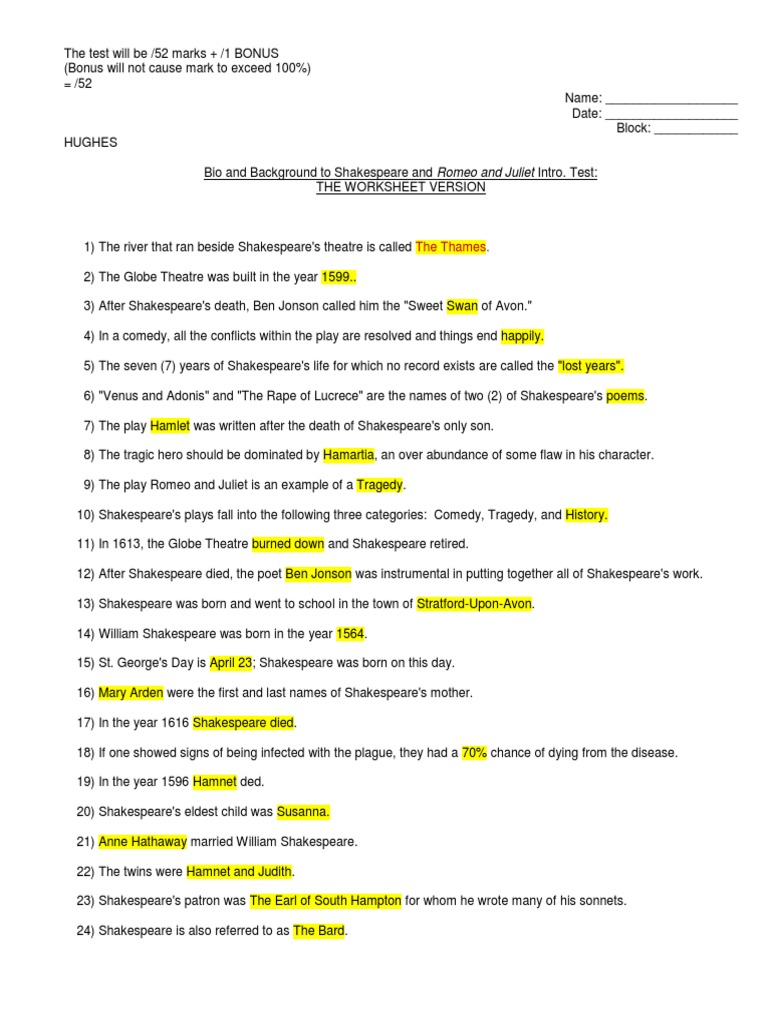 Bio of Shakespeare No Word Bank Test With Answers | PDF | William ...