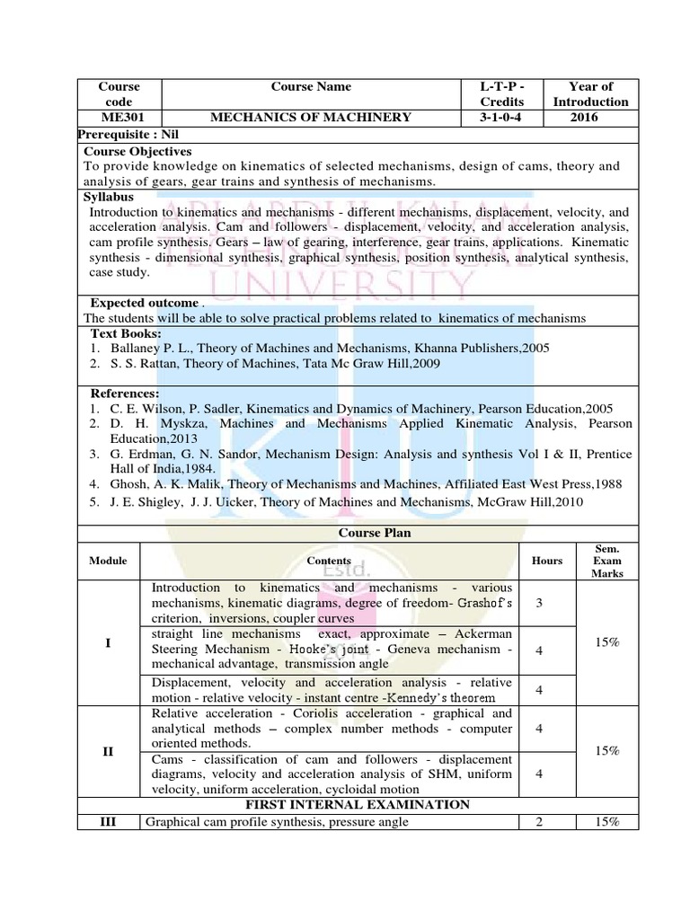 ME301 Mechanics of Machinery | PDF | Gear | Kinematics