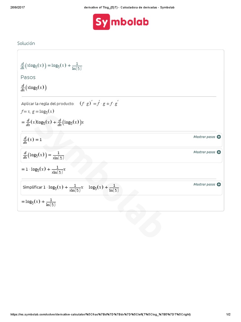 Derivative of Tlog - (5) T) - Calculadora de Derivadas - Symbolab | PDF