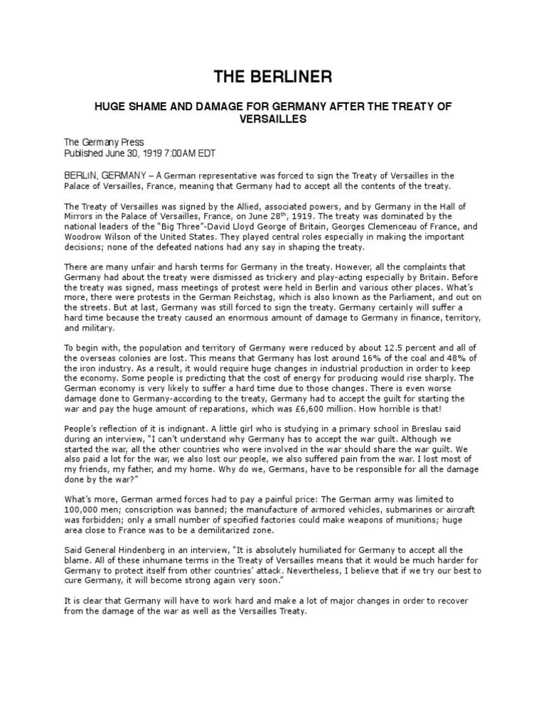 Newspaper Article From German Prespective | PDF | Treaty Of Versailles ...