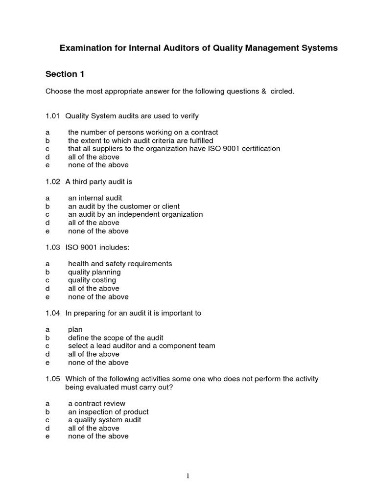Internal Audit Exam for Quality Systems | PDF | Iso 9000 | Quality ...