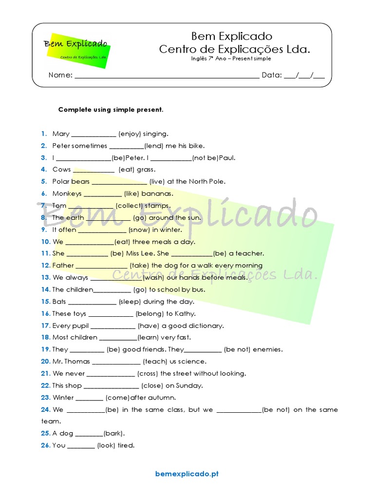2.8 Ficha de Trabalho - Present Simple | PDF