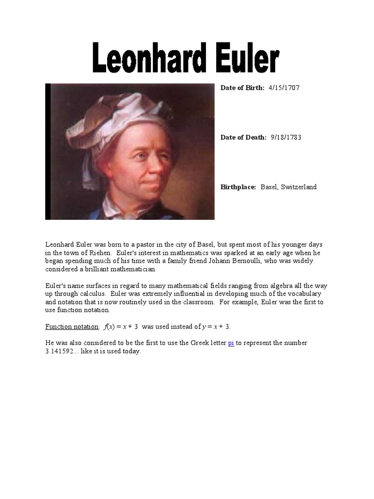 Leonhard Euler: Mathematician Biography | PDF