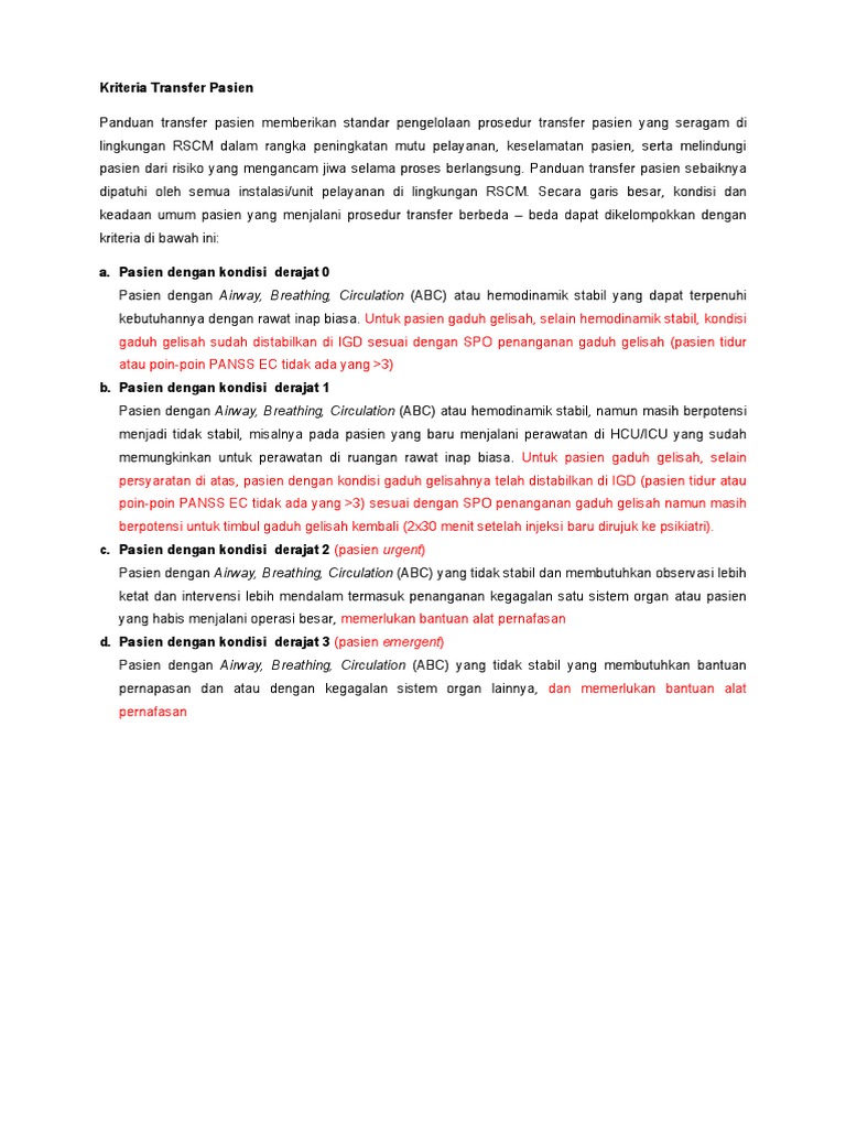 Kriteria Transfer Pasien | PDF