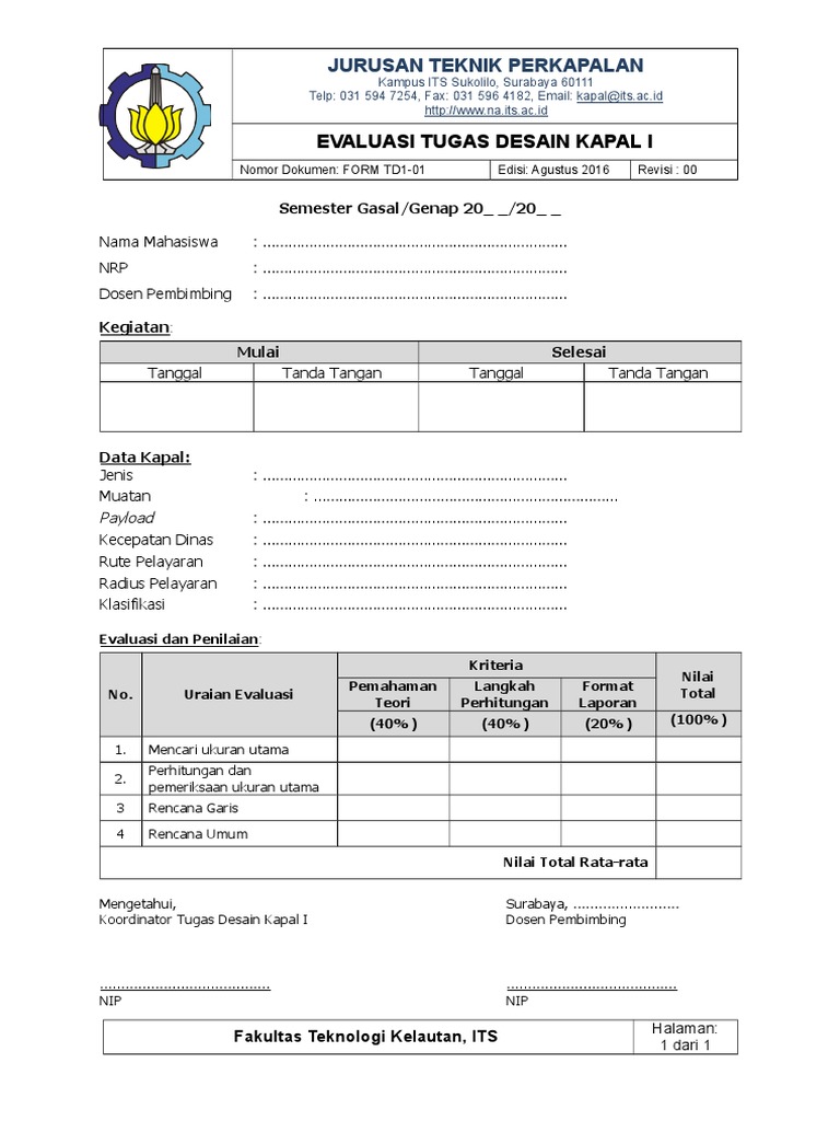 2 Lampiran 1 Form TD1-01 Evaluasi Tugas Desain Kapal I | PDF