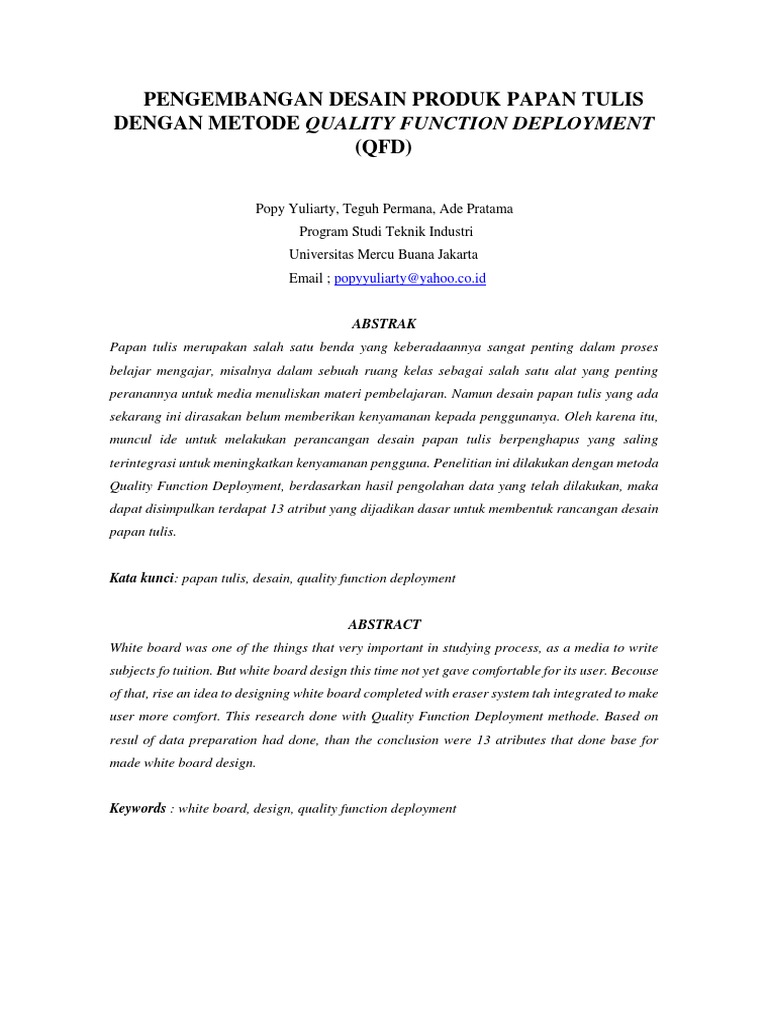 Pengembangan Desain Produk Papan Tulis Dengan Metode Quality Function Deployment | PDF