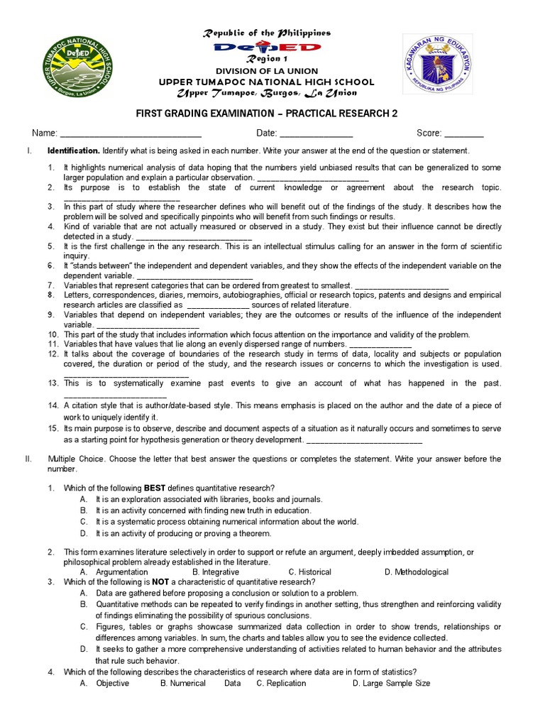 First Grading Exam | Quantitative Research | Methodology