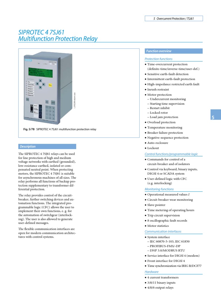 SIPROTEC 4 7SJ61 Relay Overview | PDF | Electric Motor | Relay