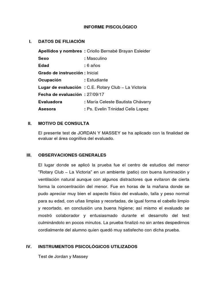 Informe Psicológico: Evaluación de Brayan | PDF | Ciencias del comportamiento | Neurociencia