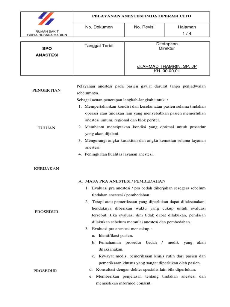 Sop Pelayanan Anestesi Pada Operasi Cito | PDF
