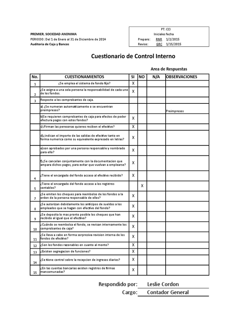 Cuestionario de Control Interno | PDF | Bancos | Cheque