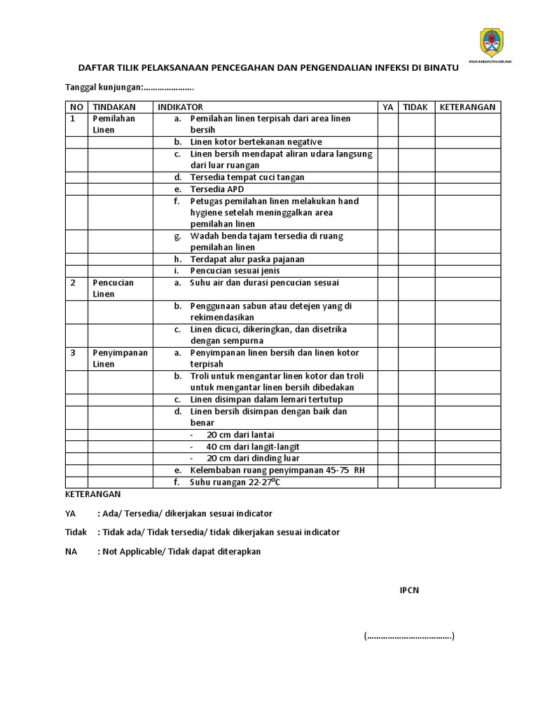 Daftar Tilik Pelaksanaan Pencegahan Dan Pengendalian Infeksi Di Binatu ... Daftar Tilik Pelaksanaan Pencegahan Dan Pengendalian Infeksi Di Binatu ...