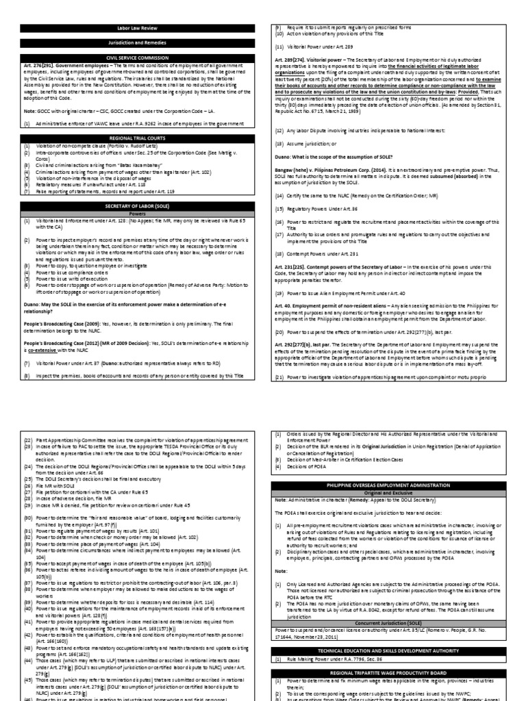 Labor Law Review - Table of Jurisdiction and Remedies | Download Free ...