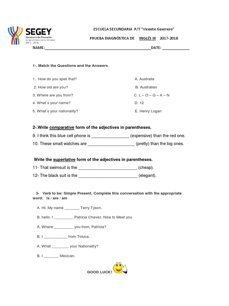 1-. Match The Questions and The Answers.: 2-.Write Comparative Form of ...