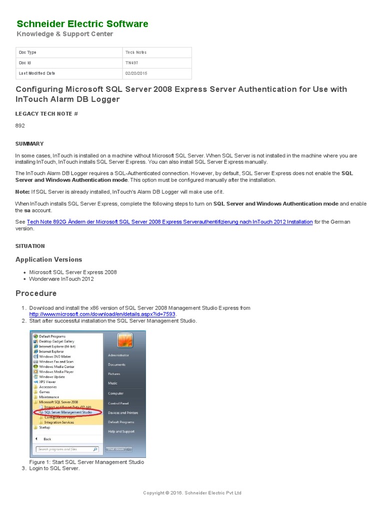 Configuring Microsoft Sql Server 2008 Express Server Authentication For Use With Intouch Alarm