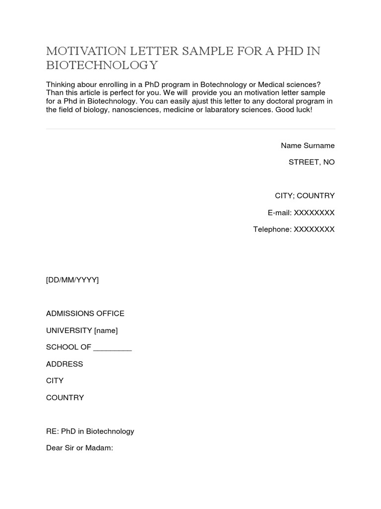 Motivation Letter Sample for a Phd in Biotechnology | Doctor Of ...