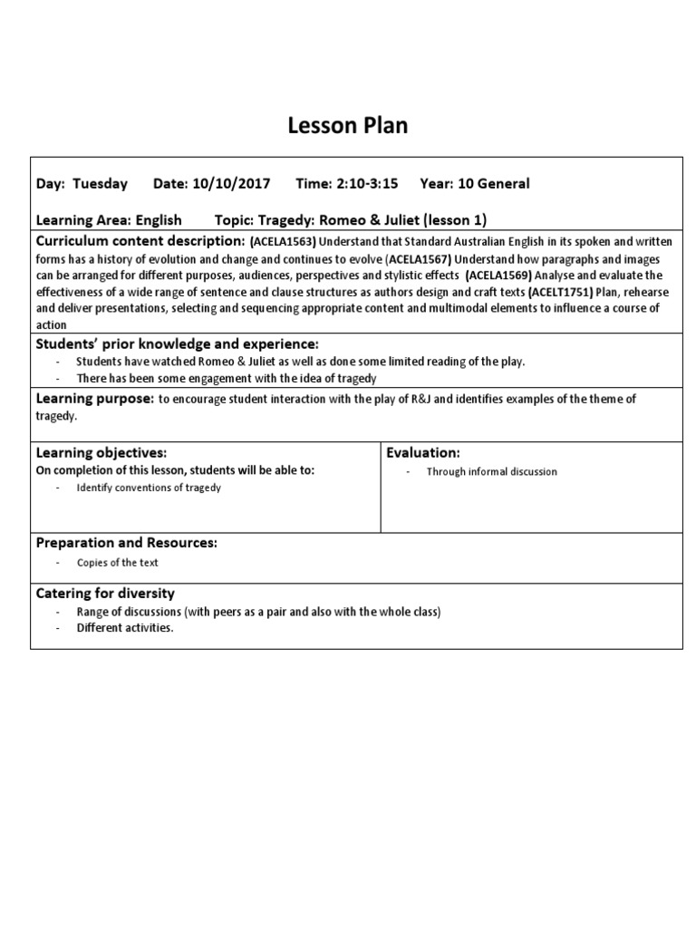 Romeo and Juliet Lesson Plan 1 PDF | PDF | Lesson Plan | Learning