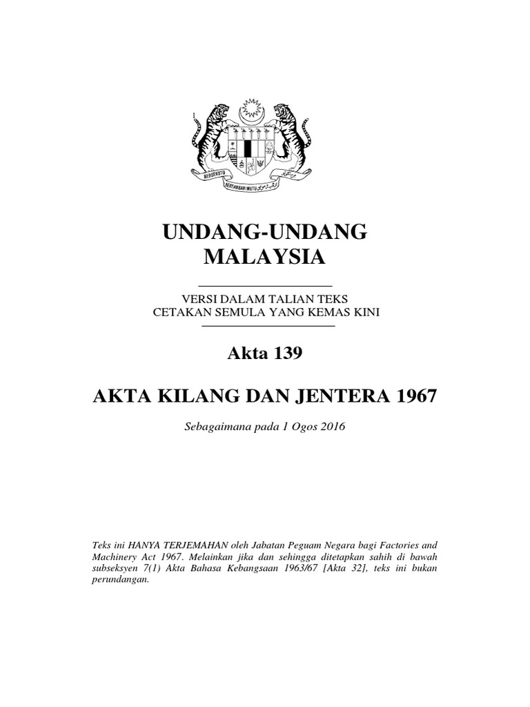 Akta Kilang Dan Jentera 1967 - (Akta 139) | PDF