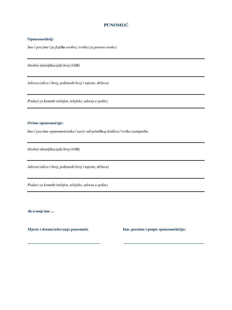 Obrazac Punomoc Zastupanje