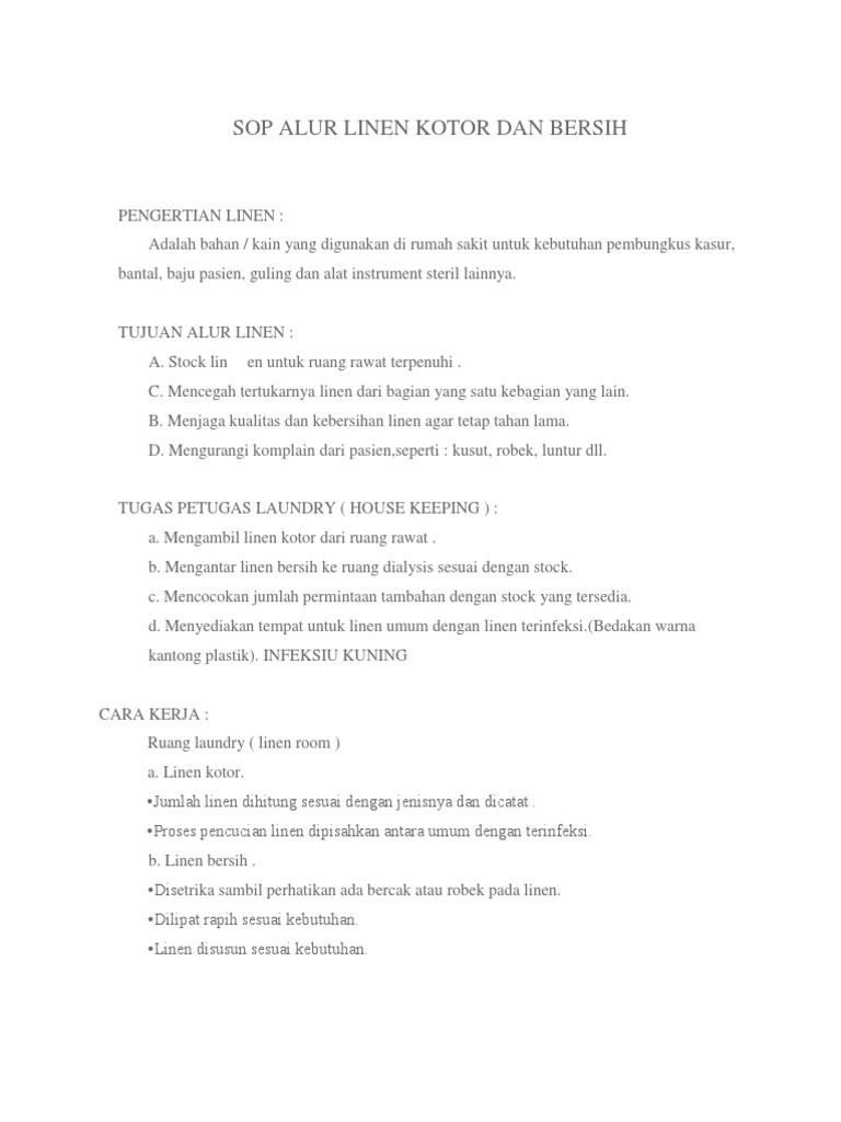 Sop Alur Linen Kotor Dan Bersih | PDF